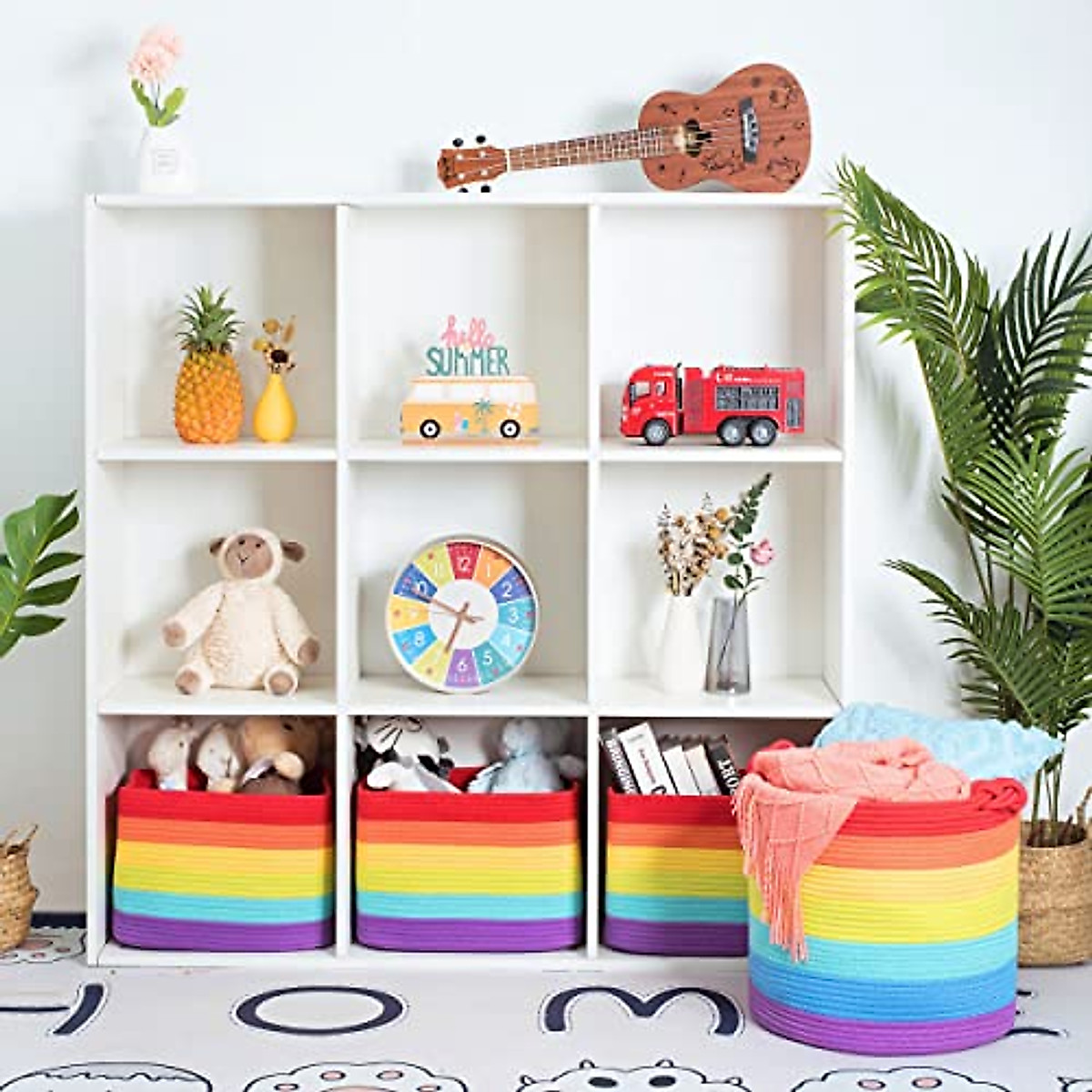 MINTWOOD Design 15 x 14.2 Inches Woven Cotton Rope Storage Basket, Stuffed Toy Basket Bin, Laundry Basket Hamper, Nursery Basket, Dog Toy Basket, Blanket Basket, Gift Basket, Rainbow