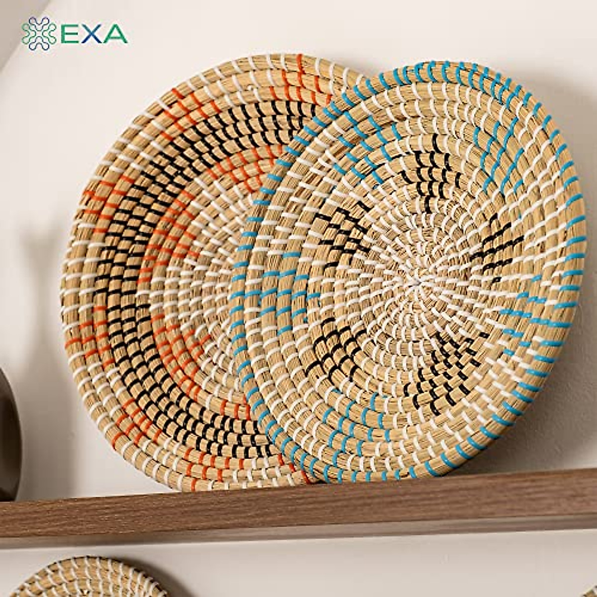 EXA Set of 6 Woven Wall Basket Fire Tribe Decor - Boho Farmhouse Rustic Coastal Room Style - for Thanksgiving Christmas Hanging Wall Art, Gift Idea, Table Settings - Handmade, Round, Natural Seagrass