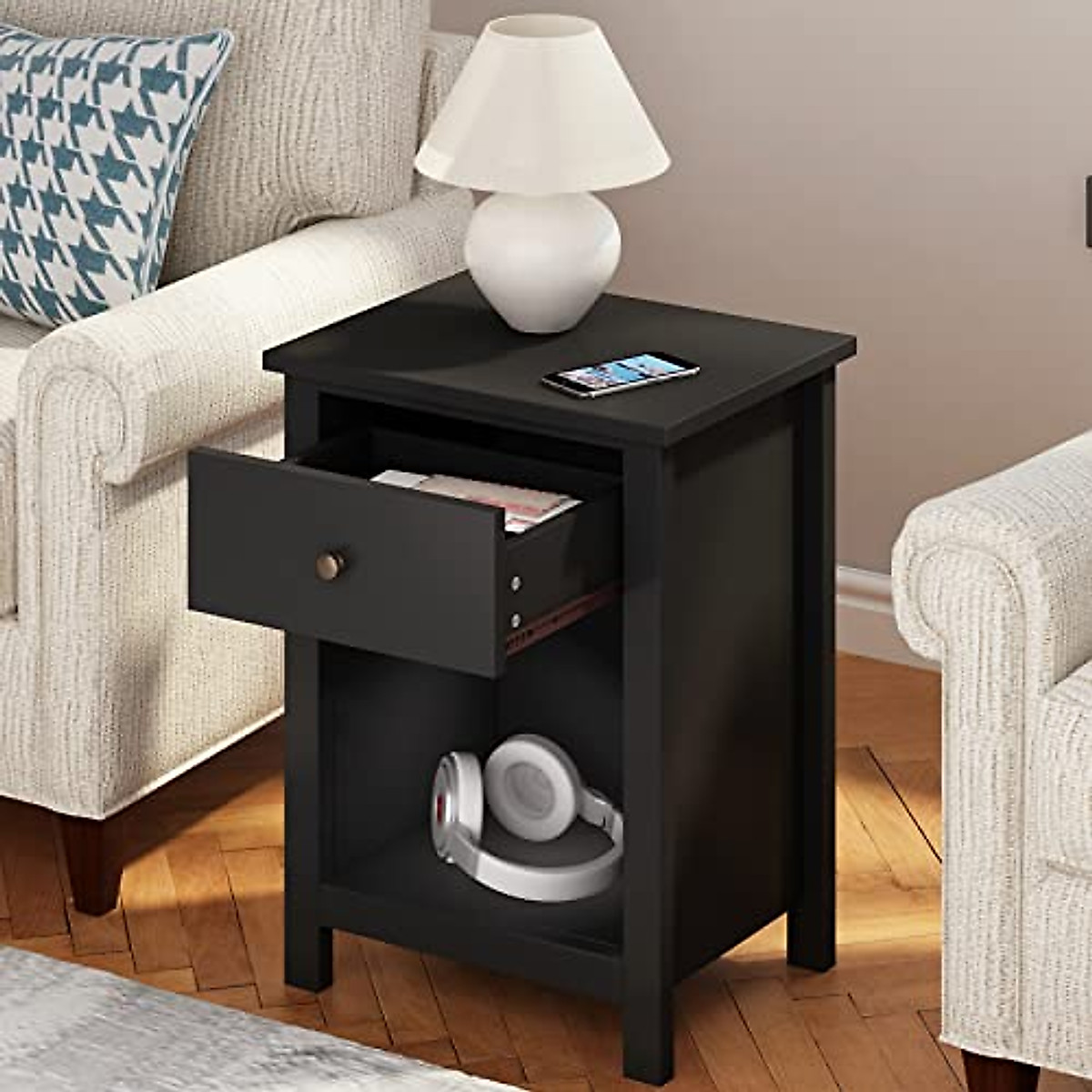 ChooChoo Nightstand Bedroom, Bedside Table with Drawer and Storage Cabinet, Black