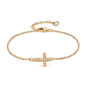 LOYATA Sideway Cross Bracelet Gold Diamond Cubic Zirconia 14K Gold Plated Dainty Chain Simple Jewelry Gift for Women