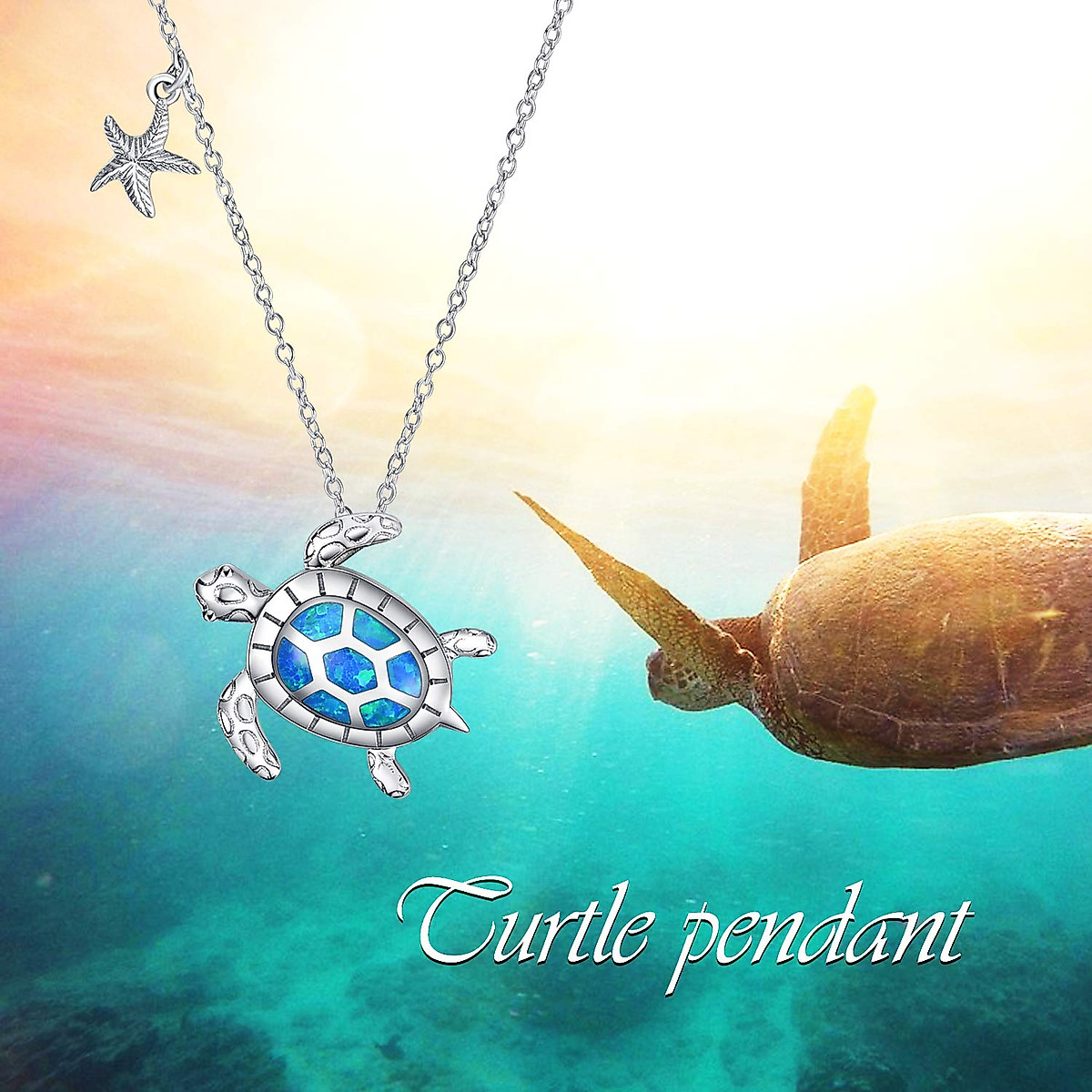 WINNICACA Sea Turtle Necklaces Sterling Silver Turtle Jewelry Created Blue Opal Ocean Jewelry Sea Turtle Gifts for Women Birthday Valentines Day Gifts for Her