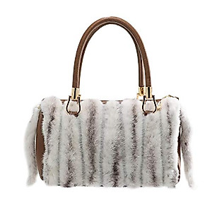 surell - Luxurious Mink Fur Handbag w Tails - Leather Tote Bag - High Fashion Purse Gift - Beautifully Crafted Pocketbook with Zipper Closure - Stylish and Quality Fuzzy Accessory - (White/Beige)