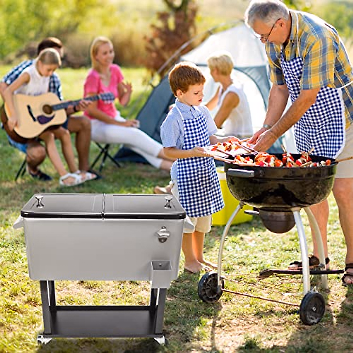 80 Quart Rolling Drink Cooler Ice Bin Chest on Wheels, Portable Patio Party Bar Cart with Shelf and Bottle Opener, Gray