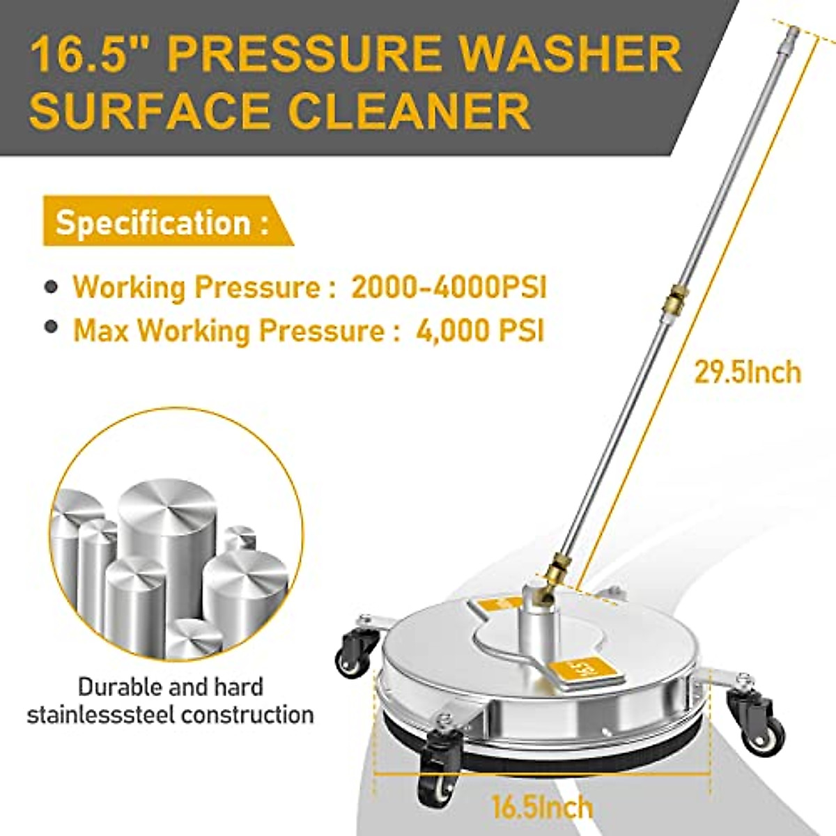 16.5" Pressure Washer Surface Cleaner with Wheels 4, 4000PSI Power Washer Surface Cleaner w/Extension Wand, Replacement Nozzle - Powerful Pressure Washer Attachment for Driveways, Patios, Sidewalks