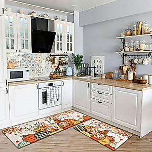 U'Artlines Fall Anti Fatigue Kitchen Rug and Mat 2PCS, Hello Pumpkin Gnome Non Slip Foam Cushioned Farmhouse Kitchen Floor Mats Comfort Standing Mats for Home Decor