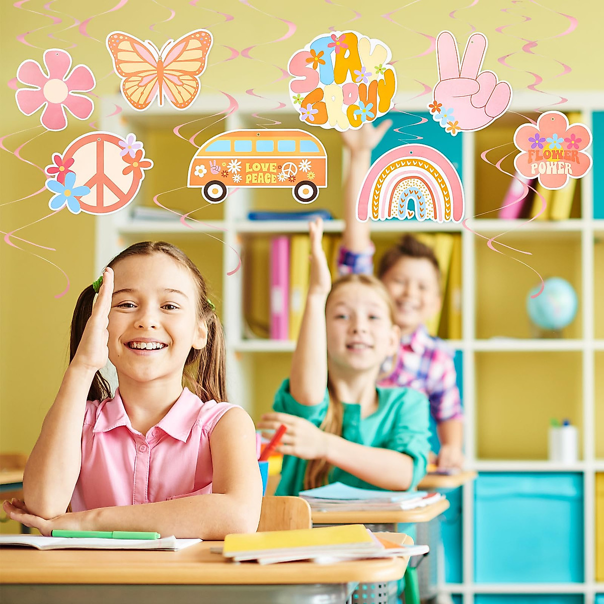 AnyDesign 36Pcs Two Groovy Party Hanging Swirls Decoration Kit Retro Hippie Boho Flower Butterfly Hanging Streamers Ceiling Spiral with Cutout Cardboard Ornaments for Home Classroom Birthday Supplies