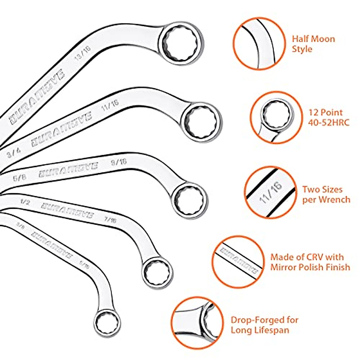 DURAMOVE SAE 5-Piece Half Moon Box Wrench Set,5/16 to 7/8 inch, C-Shaped Wrench Set with Double 12-Point Box Ends, CR-V,for auto repairing, machinery and household, EVA Tool Organizer