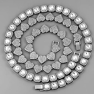 shopbyskyler 2PCS Clustered Diamond Tennis Chain Miami Cuban Link Chain for Women 15MM Clustered Heart Iced Out Miami Cuban Necklace Hip Hop Jewelry Gifts (16inch/18inch, Silver)