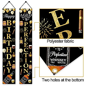 Whiskey Happy Birthday Door Banner Decorations for Men, Black Gold Whiskey Themed Happy Birthday & Aged to Perfection Party Sign Supplies, Cheer and Beer Themed Happy Birthday Photo Booth Props Decor for Indoor Outdoor