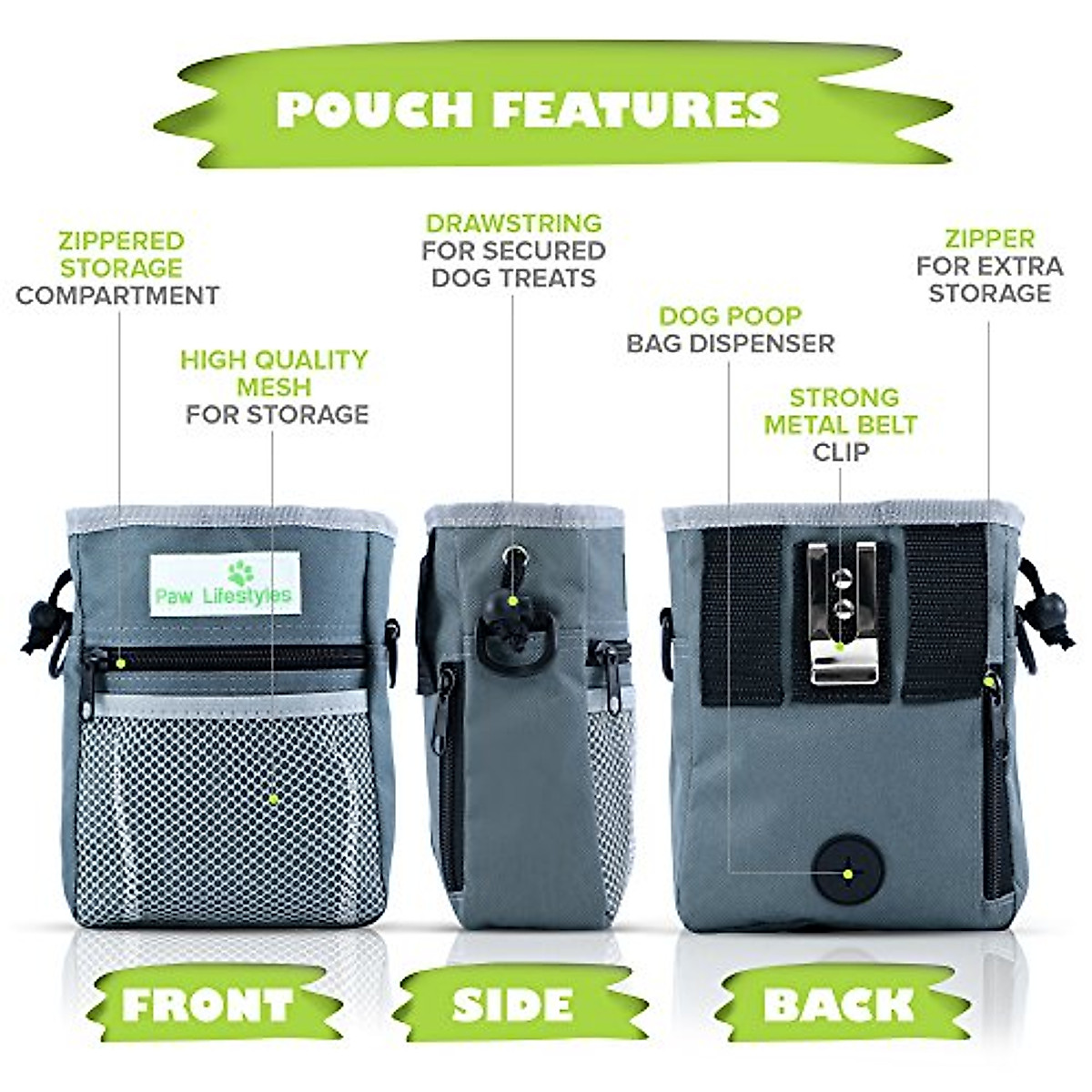Paw Lifestyles – Dog Treat Training Pouch – Easily Carries Pet Toys, Kibble, Treats – Built-In Poop Bag Dispenser – 3 Ways To Wear – Grey