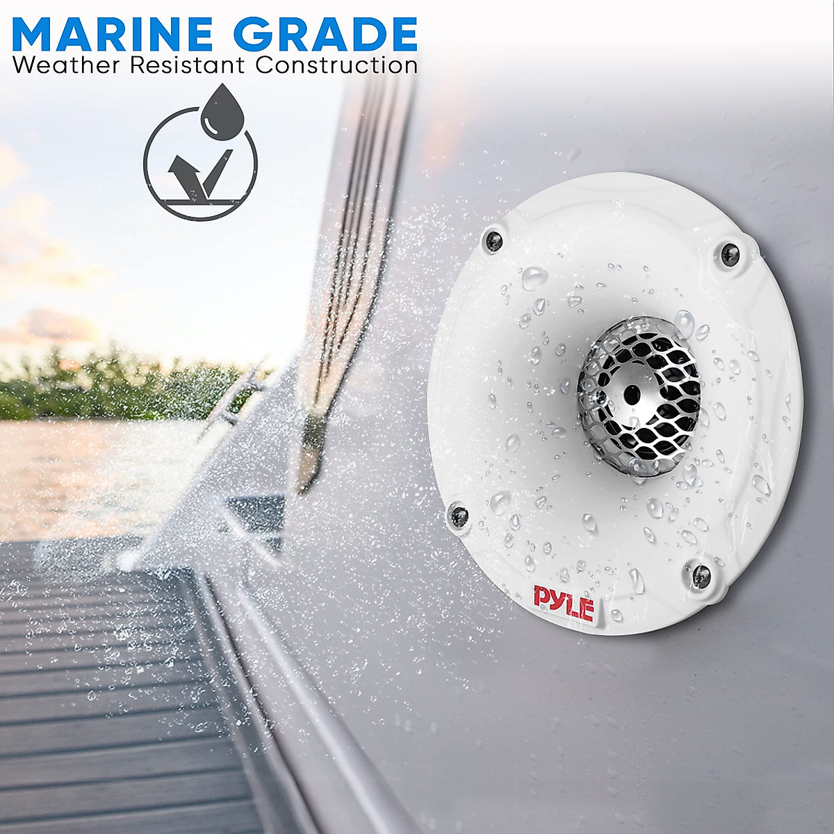 PyleUsa Marine Tweeter Speaker System, One Pair 1inch PEI White Dome Tweeter with Horn Diffuser, 120 Watts Max Power with 4 Ohm Impedance, IP-X5 Marine Grade Waterproof Rating