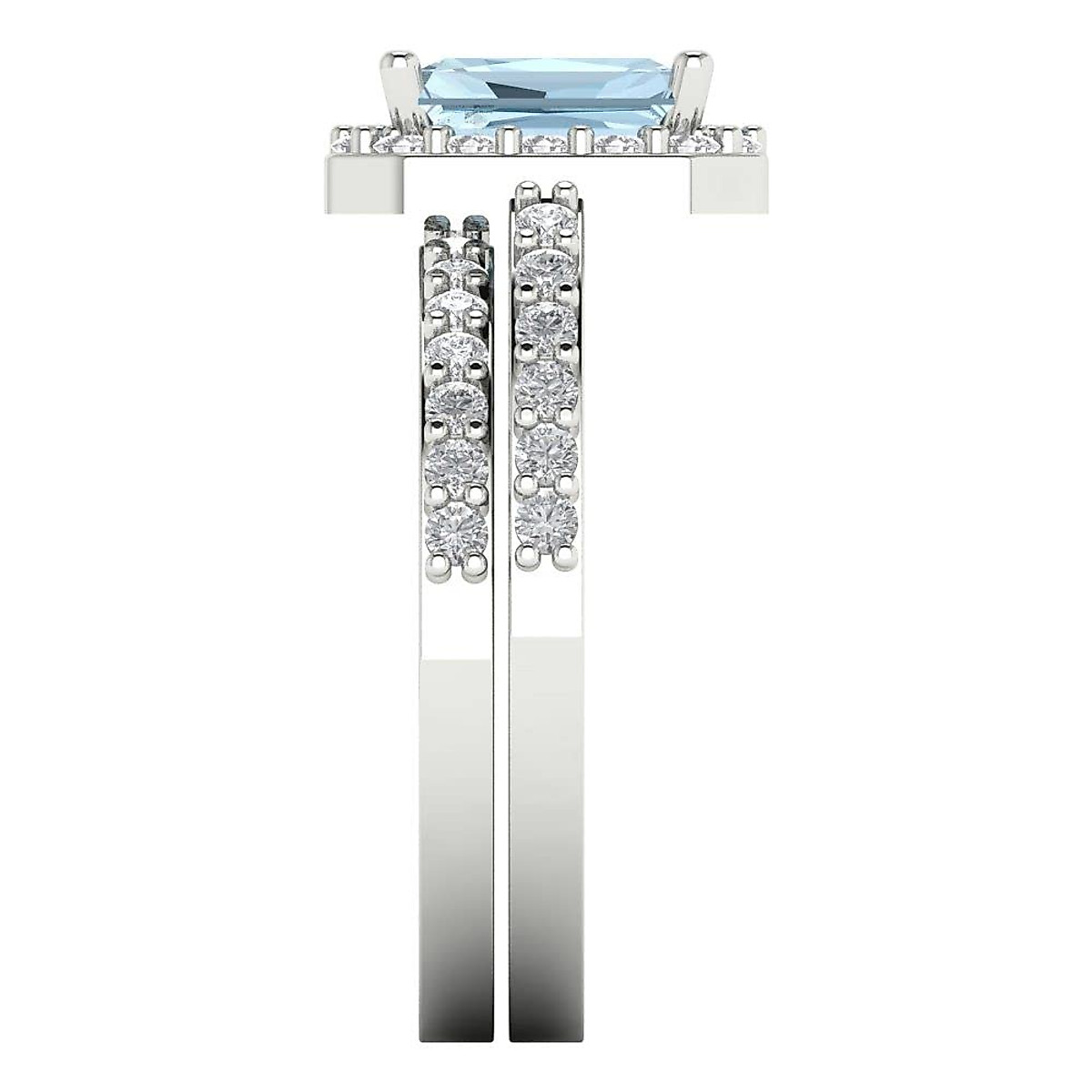 Clara Pucci 2.3 ct Emerald Cut Halo Solitaire Natural Aquamarine Designer Art Deco Statement Wedding Ring Band Set 18K White Gold 8.5