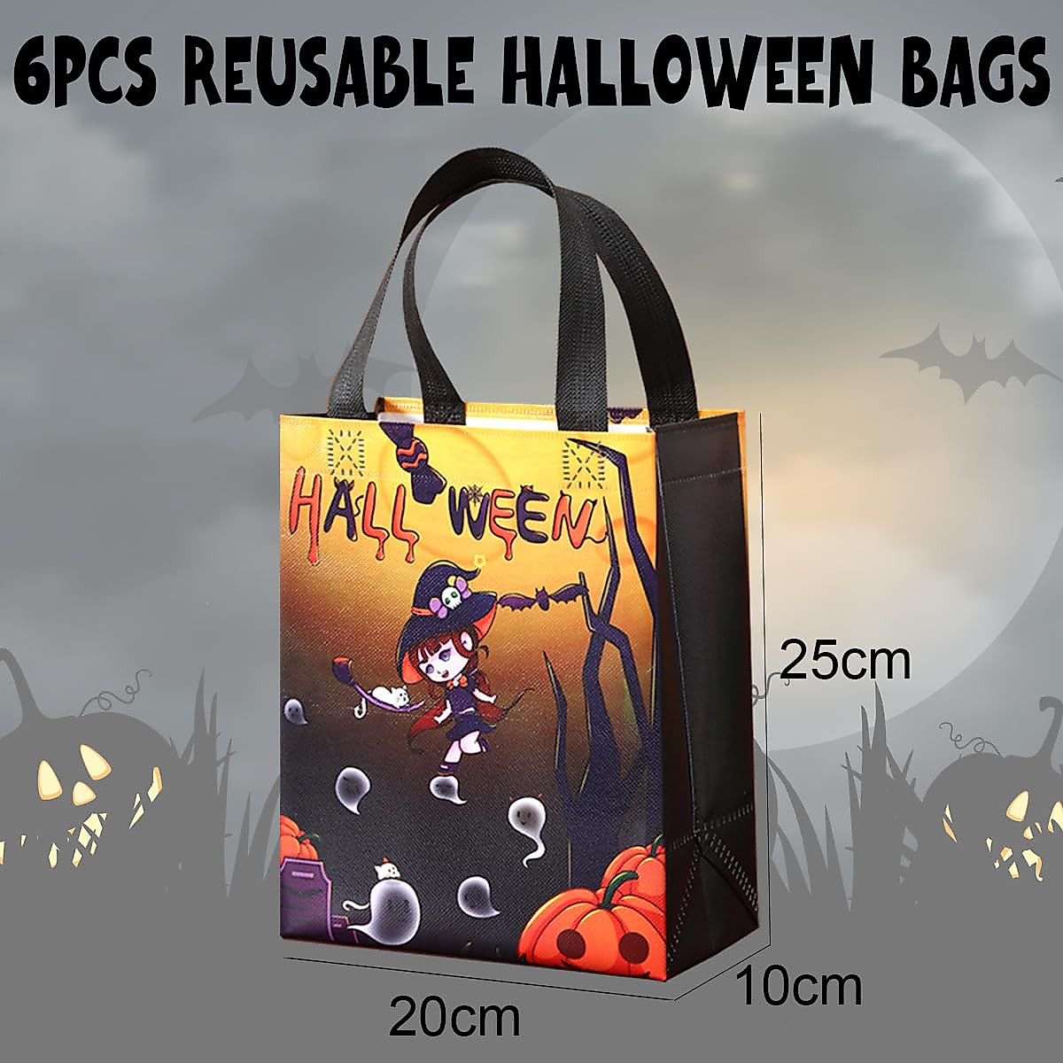 ZJHiome Halloween Trick or Treat Bags,6Pcs Halloween Bags with Handles,Non-Woven Reusable Tote Candy Bags for Halloween Party Supplies