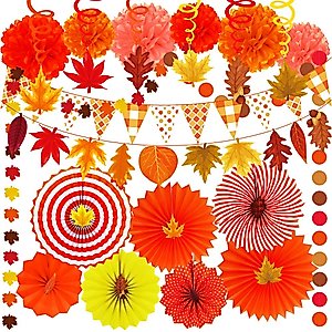 Supla 40 Pack Fall Party Decorations Set – Includes Autumn Hanging Paper Fans Pom Poms Fall Maple Leaves Party Swirls Streamers Fall Banner Backdrop Garland String for Thanksgiving Wedding Birthday