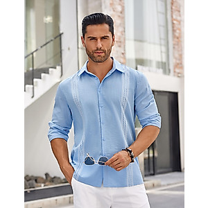 COOFANDY Men's Cuban Guayabera Shirt Long Sleeve Casual Button Down Shirts Beach Linen Shirt Light Blue