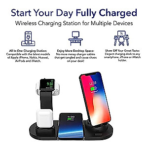 4-in-1 Fast 15W Apple Charging Station for Multiple Devices - Wireless Charging + Plug for iPhone 14/13/12/11/x/8 + Airpods Pro 2/Pro/2/1 + Apple Watch Stand SE/7/6.+ Samsung/Android Type-C/USB