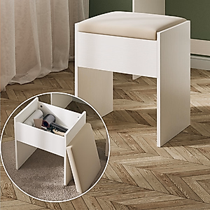 HUAHUU Vanity Desk with LED Lights Mirror & Power Outlet, 3 Lighting Colors Vanity Desk with 5 Drawers, Makeup Vanity Set and Cushioned Stool for Bedroom, White