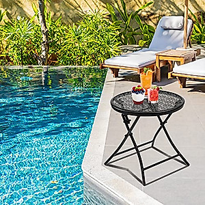 TeoKJ Folding Outdoor Side Tables, Anti Rust Small Patio Table Round Metal End Table with Flower Cutouts for Porch Yard Balcony Deck Lawn, Black