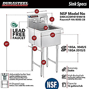 DuraSteel Small Commercial Slop Sink - 18" x 18" Inner Prep Sink - Single Bowl Stainless Steel Utility Sink with No Lead Faucet - CEC & NSF Certified - For Restaurant, Kitchen, Laundry, Garage