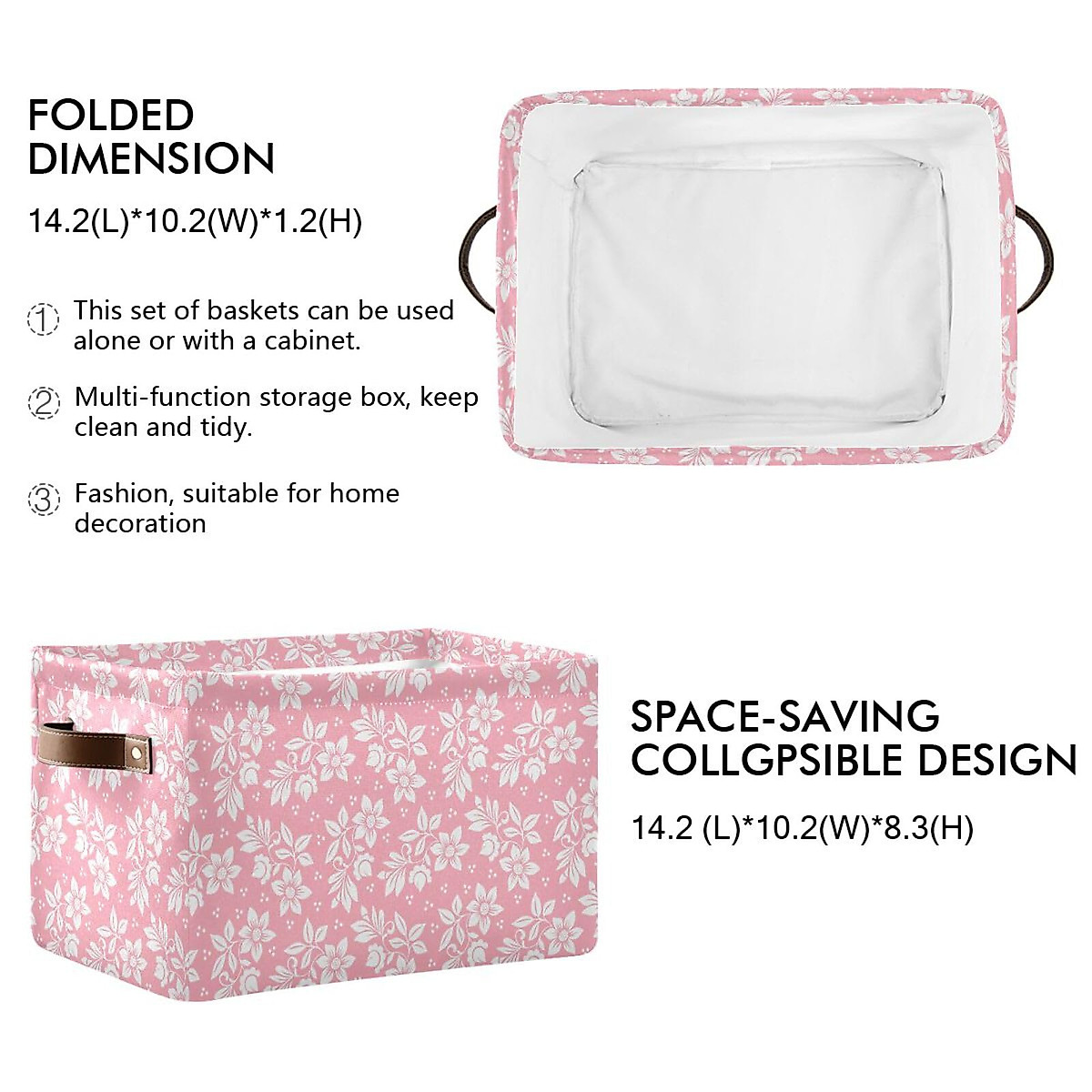 NFMILI Floral Pink and White Storage Basket, Fabric Storage Cubes Bins, Open Home Storage Bins with Handles, Foldable Cubes Closet Organizer Boxes 14.2 x 10.2 x 8.3 in (Large - 2 Pack)