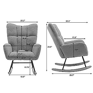 EVURU Soft Teddy Velvet Rocking Chair for Nursery - Comfy Wingback Glider with Solid Wood Base - Casual Style, Ideal for Living Room, Bedroom, or Balcony (Grey)