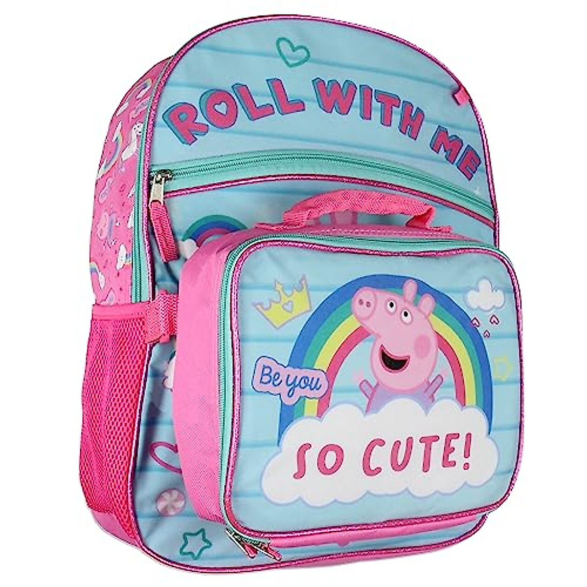 AI ACCESSORY INNOVATIONS Peppa Pig Backpack Kids School Travel Backpack Set With Lunch Box, Drawstring Bag, Pencil Case, and Rubber Molded Keychain