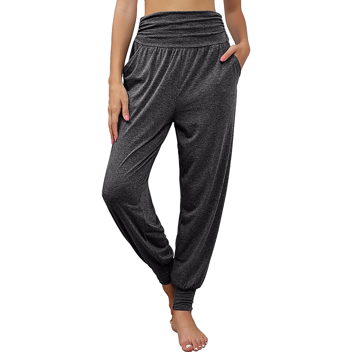 Locoowai 2 Pack Women's Yoga Joggers, Cozy Sweatpants with Pockets Casual Loose Comfy High Waisted Lounge Pants (Black, Dark Gray,Large)