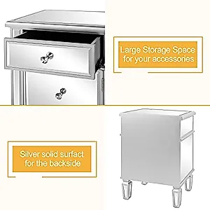 VINGLI Nightstands Set of 2 Mirrored Side Tables Glass End Table with Drawer for Bedroom, Silver