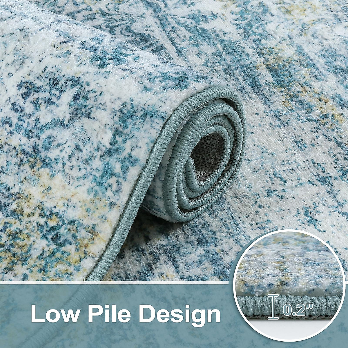 Uphome Abstract Area Rug 2x3, Blue Washable Non-Slip Bathroom Rugs, Small Soft Farmhouse Distressed Entryway Rug, Vintage Low Pile Indoor Throw Rug for Kitchen Bedroom Entrance