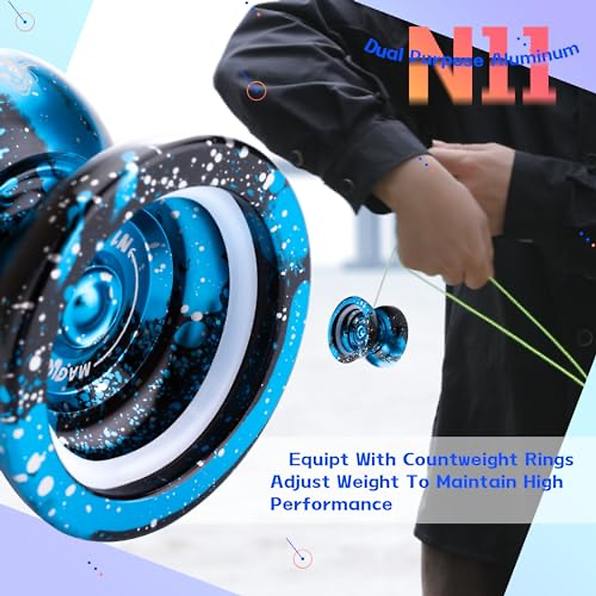 MAGICYOYO N11 Yoyo Professional Unresponsive yoyo for Adults, Dual Metal Yoyo for Beginner, Pro Yoyo with 12 Yoyo Strings, Yoyo Case Bag, Responsive Yoyo Bearing Kit (Black Blue Silver)