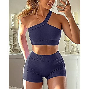 Two Pieces Workout Set For Women Sports Outfits Seamless Tank Top With Running Short Matching Yoga Sets (Navy blue02, S)
