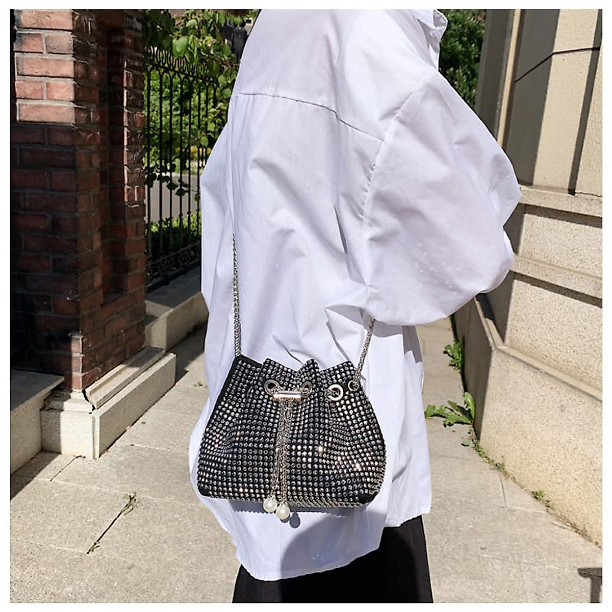 Anopo Full Rhinestones Bucket Clutch Purse Pearl Handbag Bridal Lady Sparkly Bling Evening Crossbody Bag Wedding Party Prom Silver