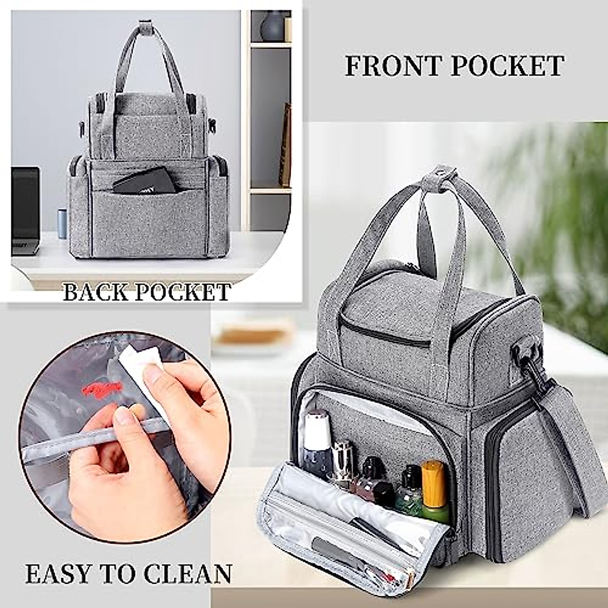 LEAFFUP 2 Layers Large Travel Makeup Bag with 2 Removable Pouches, Large Cosmetic Bag with Detachable Partition, Portable Cosmetic Bag with Multiple Storage Sections (Patent Pending), Grey