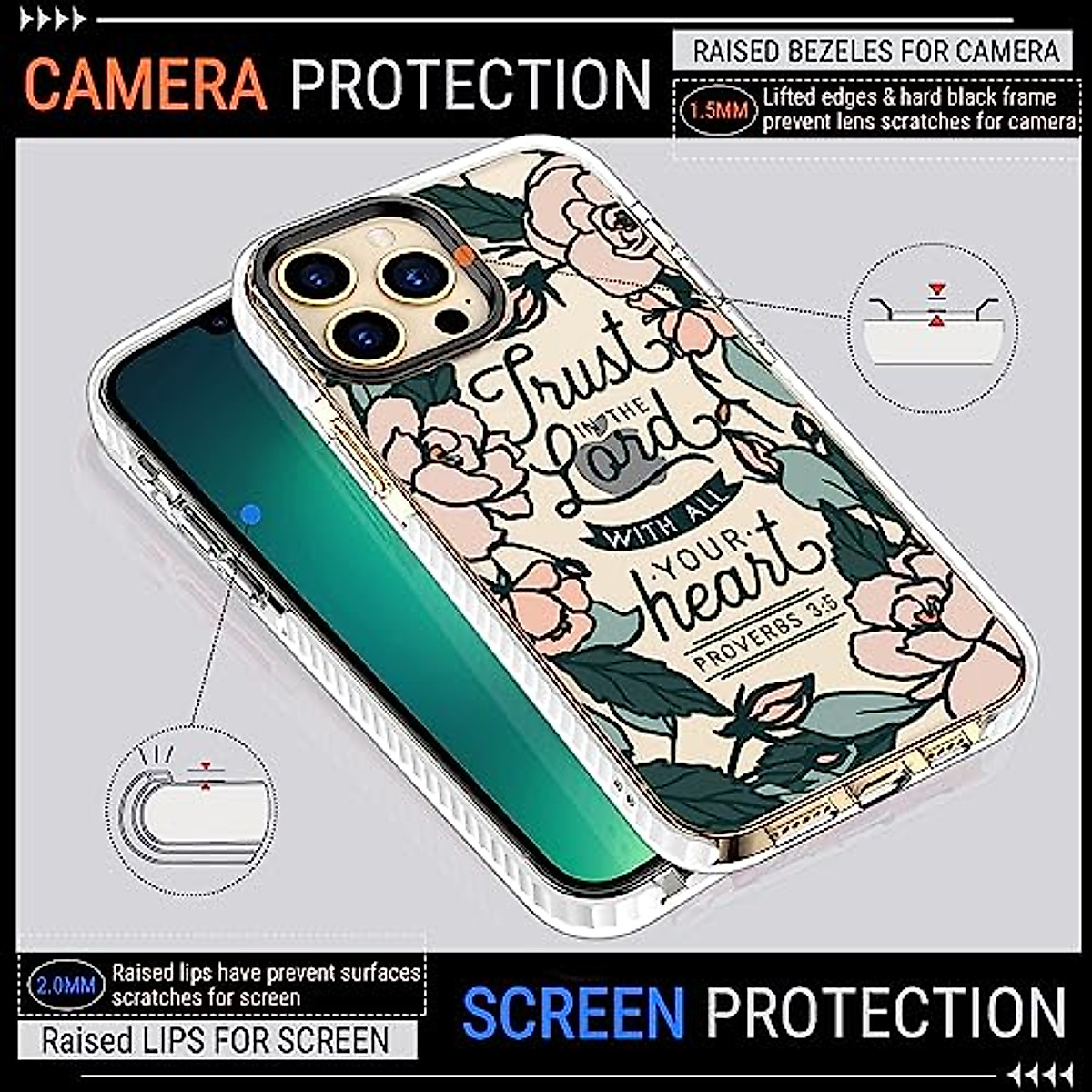 iPhone 13 Pro Max Case,Women Girl Cute Peony Flowers Floral Bible Verse Proverbs 3:5 Quotes Inspirational Christian Clear Soft Rubber TPU Anti Scratch Protective Clear Case Cover for iPhone 13 Pro Max