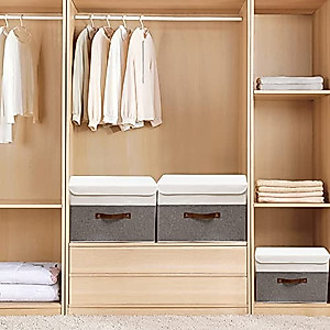 OUTBROS Foldable Storage Boxes with Lids,Large Linen Fabric Foldable Storage Boxes Organizer,Closet Organizers for Clothes Storage, Office Storage 13 x 9.1 x 7.9 inch,White/Grey，1-Pack