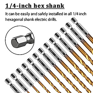 Seamaka 13PCS Hex Shank Titanium Twist Drill Bit Set,1/16"-1/4" High Speed Steel Twist Drill Bit for Wood Plastic Metal O-065