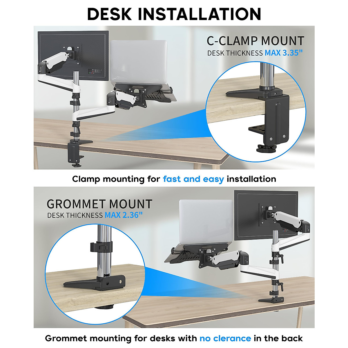 SHOPPINGALL Fully Adjustable Dual Gas Spring LCD Monitor Mount Stand with 2 Arm for 15”-32” Monitors, Clamp and Grommet Mounting Options in The Box, 6 ft HDMI Cable included - SA-GA24-White