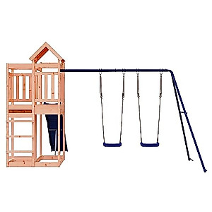 Loibinfen Outdoor Playset Solid Wood Douglas, Garden Play Set with 1 Play Tower, 1 Wave Slide, 1 Double Swing Set, Modern Outdoor Backyard Children's Climbing Wood Playground Playset,-4553