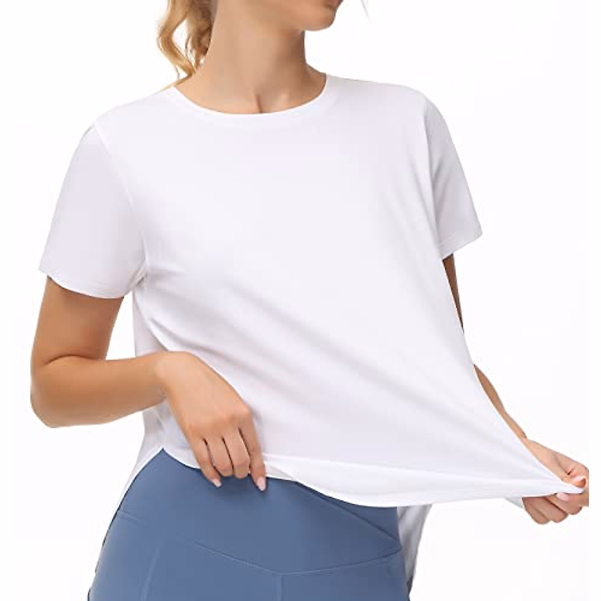 THE GYM PEOPLE Women's Workout T-Shirts Loose Fit Short Sleeve Cotton Running Basic Tee Tops with Split Hem White