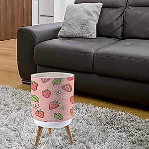 IKFLWJUTFW Small Trash Can with Lid Strawberry Cute Colorful Strawberries Flowers and Leaves in 7 Liter Round Garbage Elasticity Press Cover Wastebasket for Kitchen Bathroom Office 1.8 Gallon