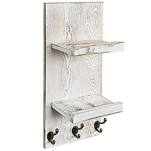 MyGift Wall Mounted White Washed Solid Wood Bathroom Shelf Rack with 2 Tier Shelves and 3 Dual Hooks, Wall Hanging Storage Display for Bath Supplies and Decor