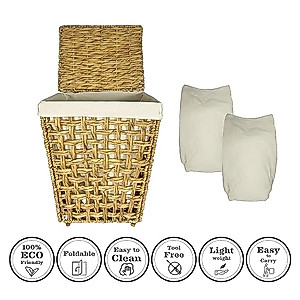 Natural V-Shape Foldable Storage Basket with 2 cotton Fitted Bags, 4 Legs, 2 Side Handles, Attached Lid, Made in Vietnam, 23 inch x 13.5 inch x 18 inch