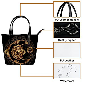 Black Vintage Boho Golden Moon Sun and Mandala Tote Bag for Women Leather Handbags Women's Crossbody Handbags Work Tote Bags for Women Coach Handbags Tote Bag with Zipper.