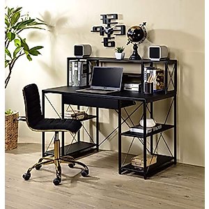HomVent Computer Desk with Drawer Shelves, Home Office Writing Desk with Storage Bookshelf Workstation Study Table Corner Desk PC Laptop Desk (Black)