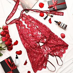 Ababoon Women One Piece Lingerie Lace Sexy Baby Dolls Teddy Sleepwear (Wine Red, L)