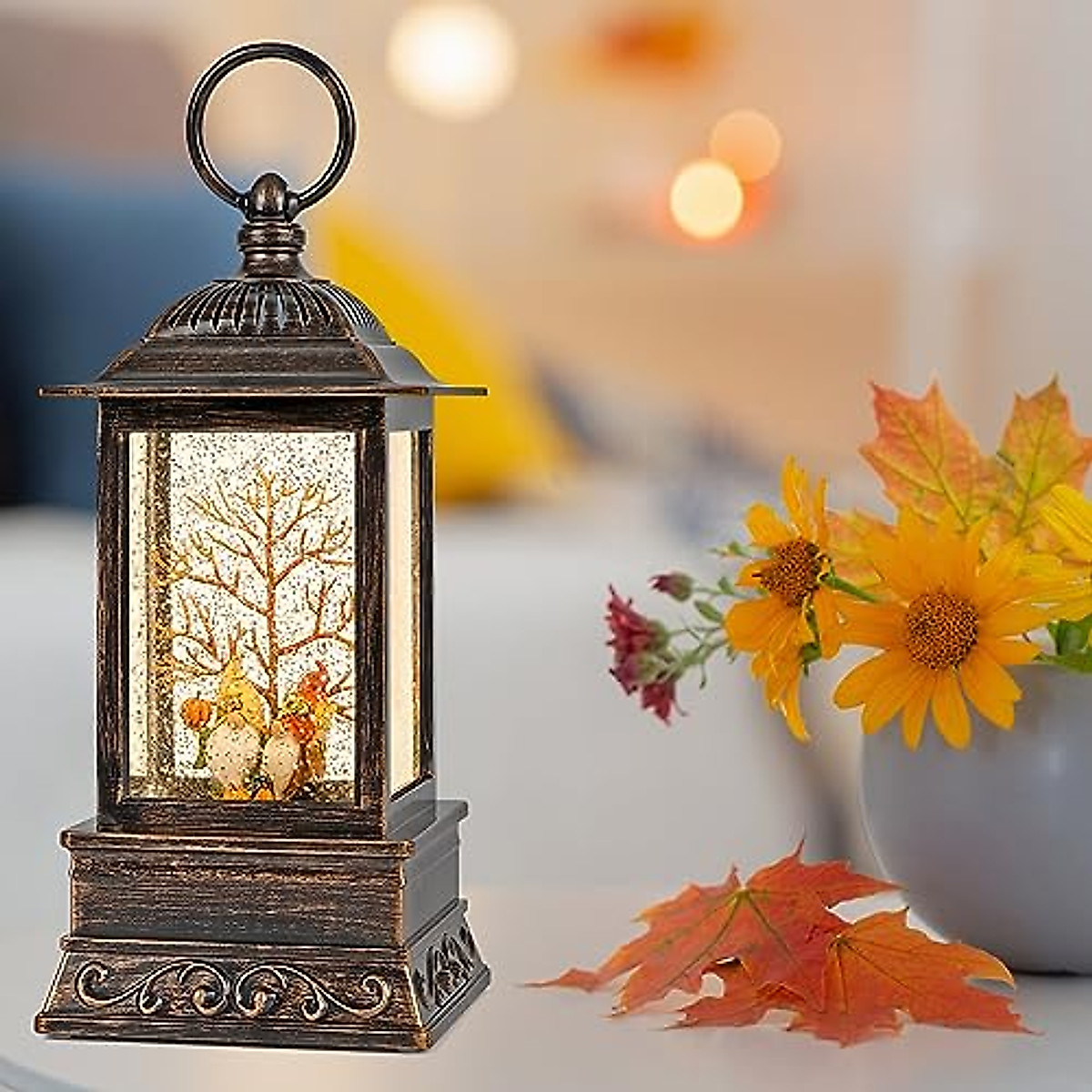 Gnome Snow Globe Fall Decorations for Home, Thanksgiving Glittering Lighted Lantern Autumn Decor