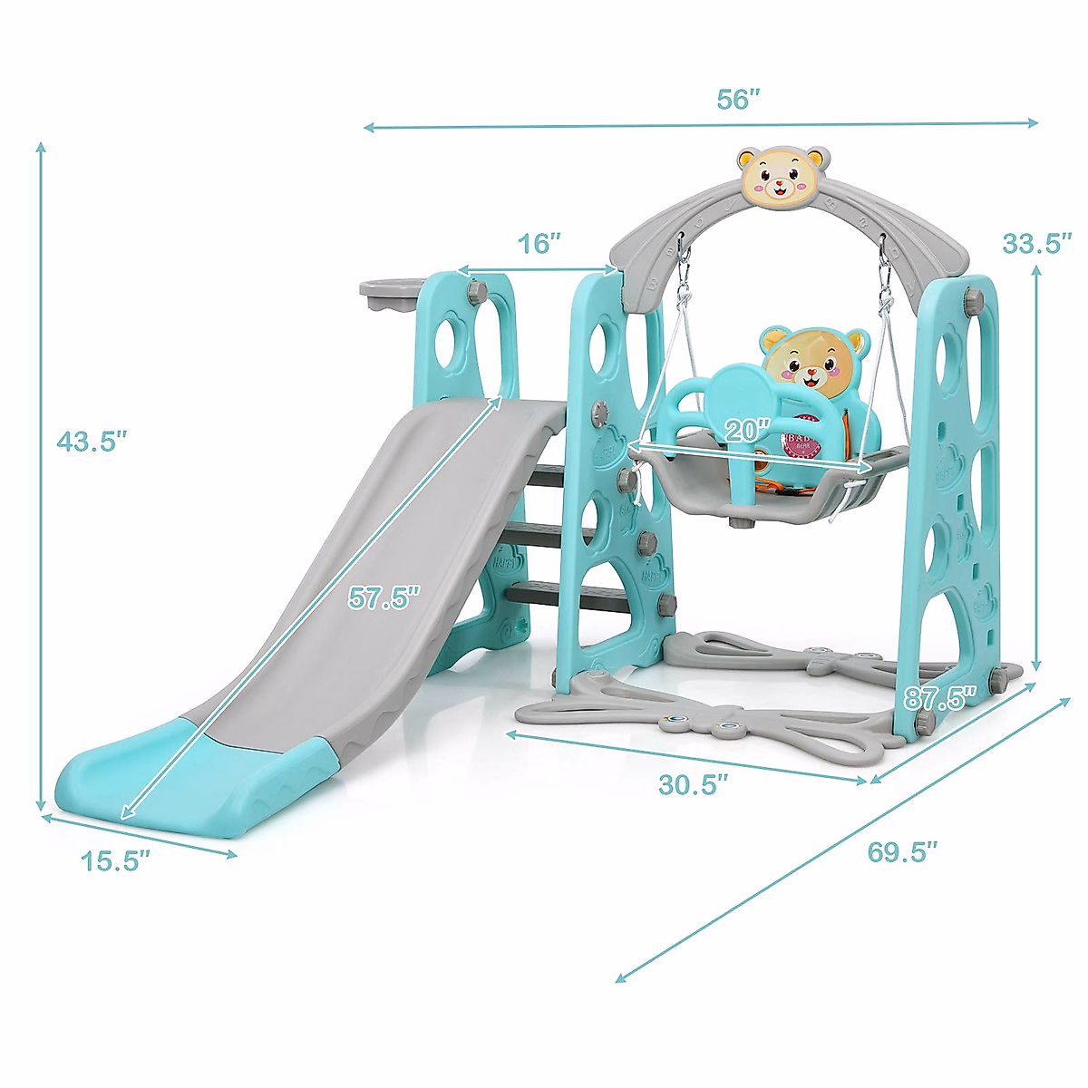 Costzon 4 in 1 Toddler Slide and Swing Set, Little Bear Indoor Outdoor Baby Swing with Slide, Swing, Climber, Basketball Hoop and Ball, Kids Climber Playground Playset for Girls Age 1+ Gifts Presents