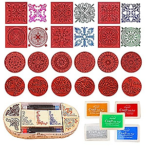 Floral Wooden Rubber Stamps, Aulufft 25 Pieces Retro Vintage Floral Pattern Stamps Circle and Square Decorative Alphabet Stamp with 2 Inkpad Pens and 5 Inkpads for DIY Craft Card Diary Scrapbooking