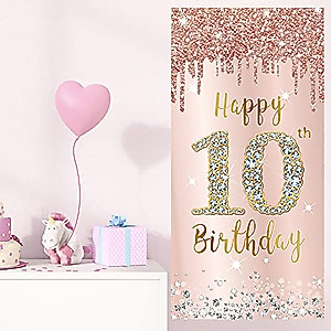 Happy 10th Birthday Door Banner Backdrop Decorations, Pink Rose Gold 10 Year Old Birthday Party Door Cover Sign Supplies, Large Ten Birthday Poster Background Photo Booth Props Décor