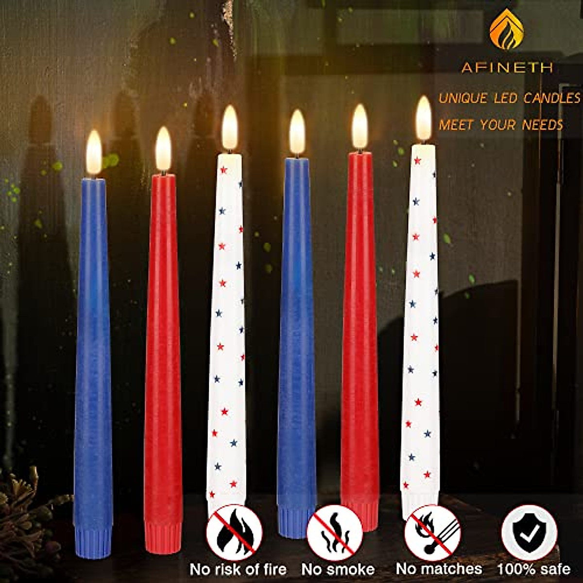 Patriotic Candles, Flameless Taper Candles with 3D Wick, 9.6" Real Wax Red White Star and Blue Candles with Remote and Timer